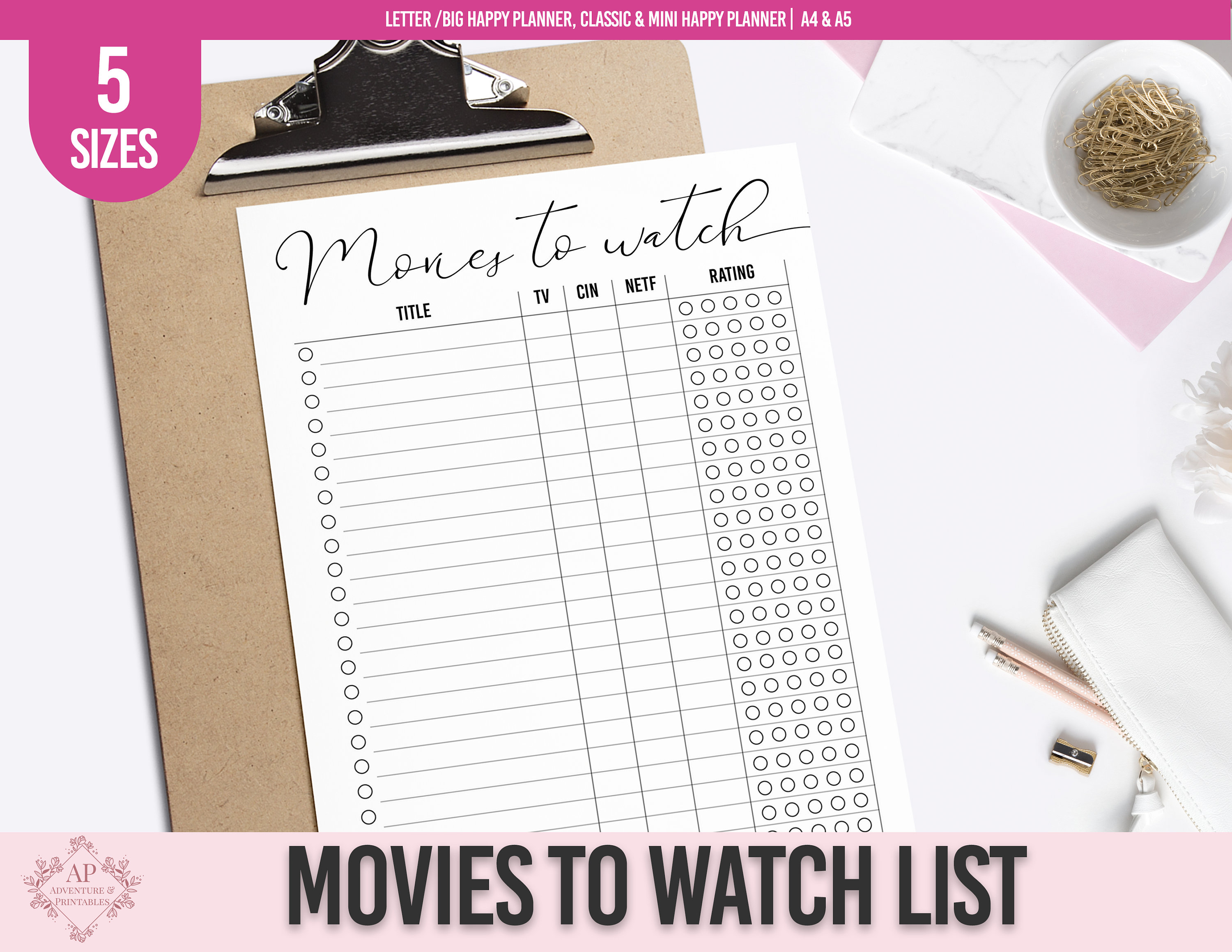 Movies to Watch List Printable Planner, Movies Tracker, Movie Nigh ...