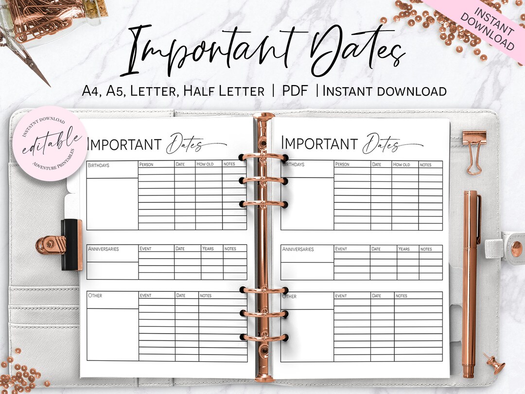 Important Dates Page, Dates to Remember Planner Insert, Happy Planner ...