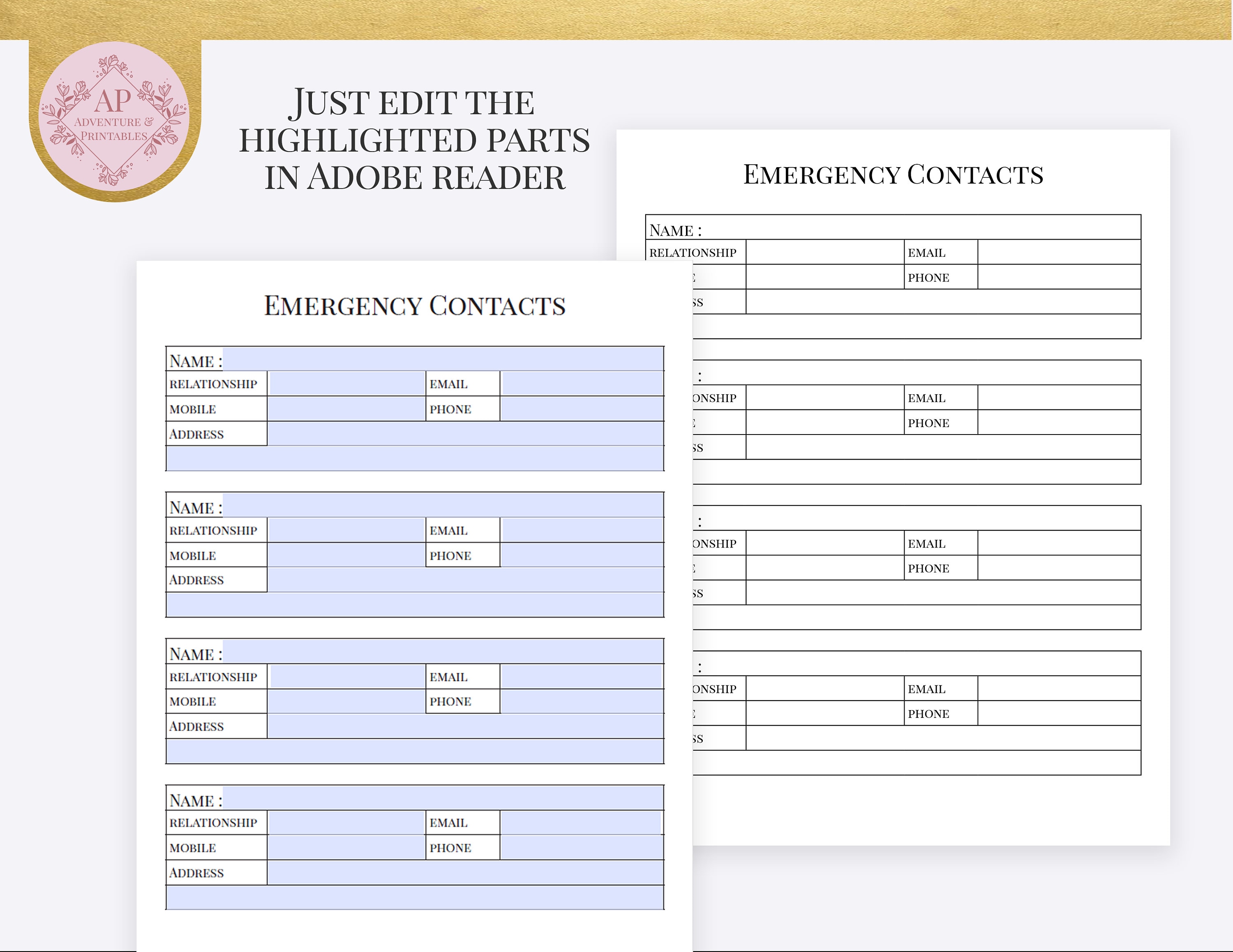 Emergency Contacts List, Editable Emergency Information List - Etsy