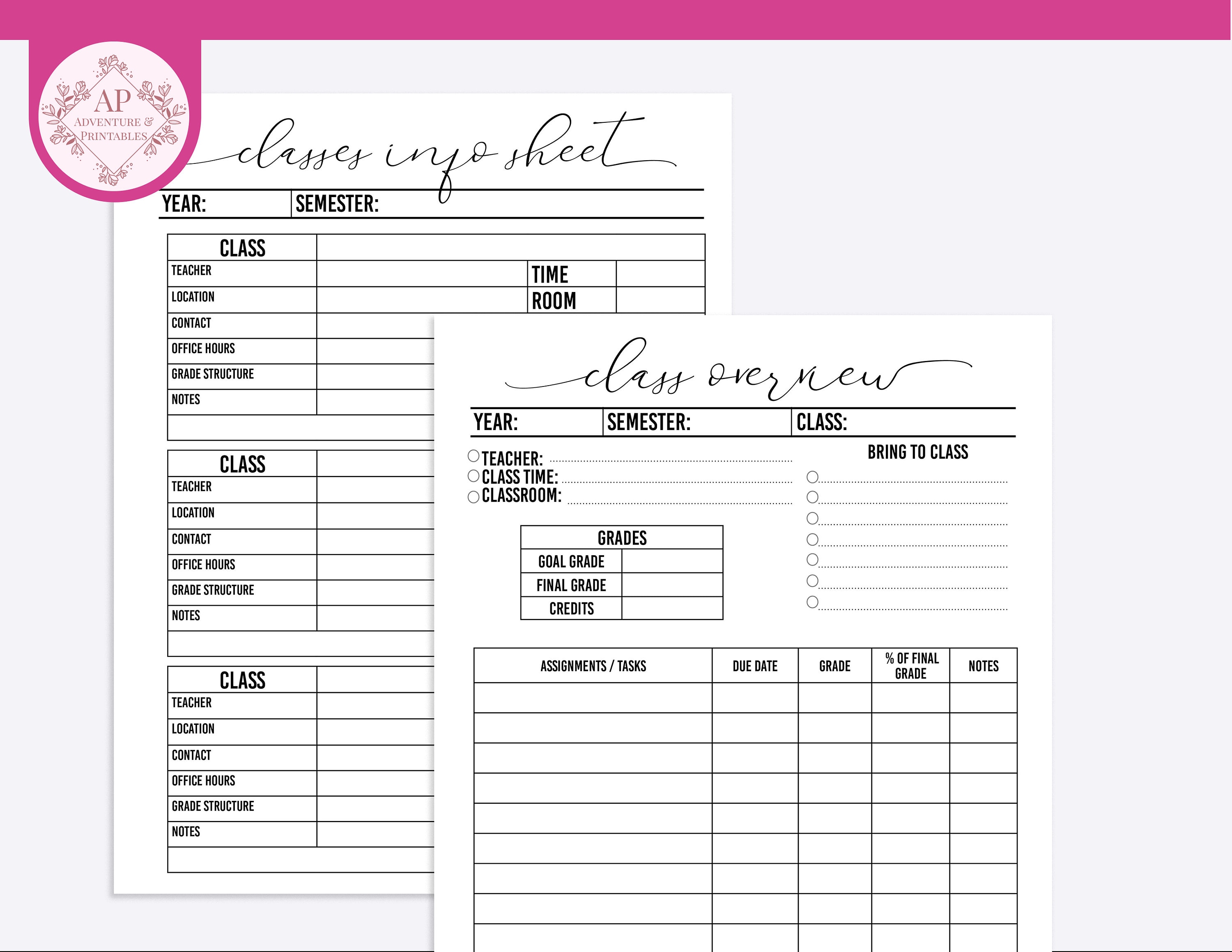 Class Information Sheet, Class Overview, Semester Overview, Collage ...