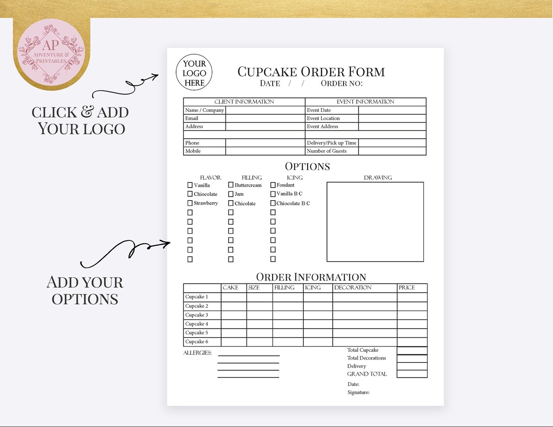 Custom Cupcake Order Form, Bakery Forms, Cupcake Order Form, Baking ...