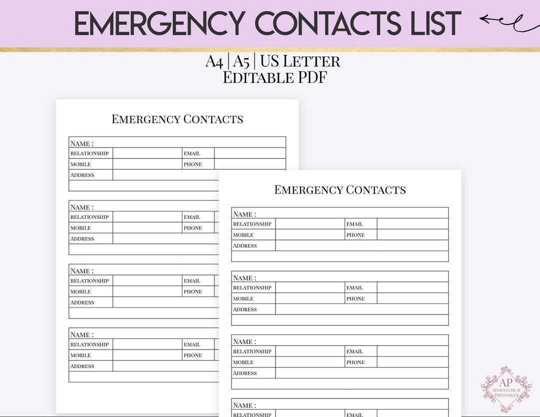 Emergency Contacts List, Editable Emergency Information List - Etsy
