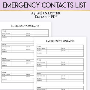 Emergency Contacts List, Editable Emergency Information List - Etsy