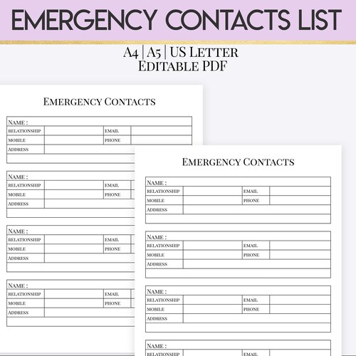 Emergency Contacts List Editable Emergency Information List - Etsy