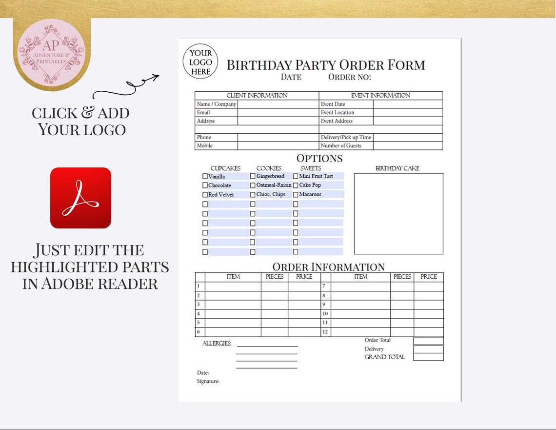 Birthday Party Sweets Order Form Editable Bakery Forms Cake | Etsy