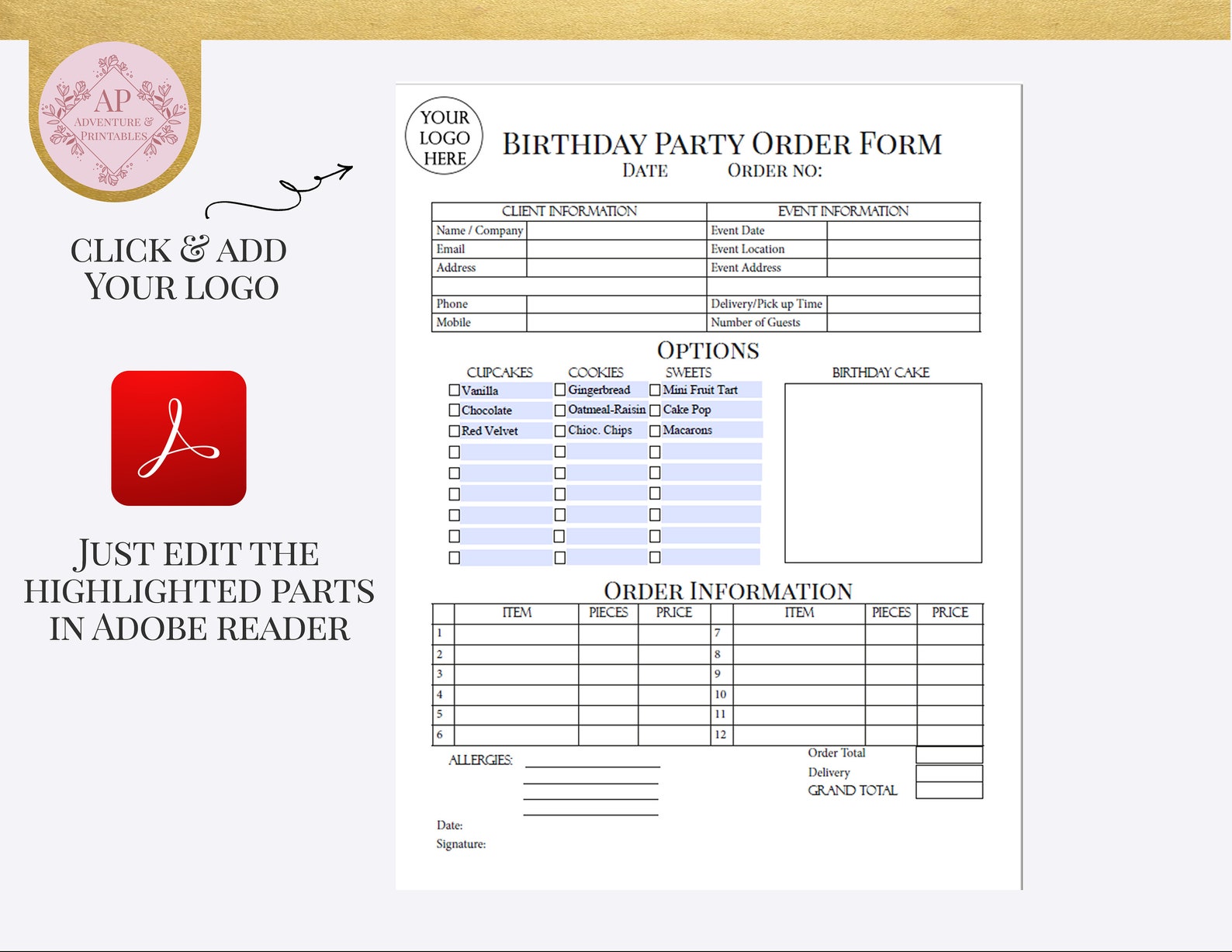 Birthday Party Sweets Order Form Editable Bakery Forms Cake | Etsy