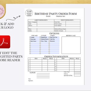 Birthday Party Sweets Order Form Editable Bakery Forms Cake | Etsy