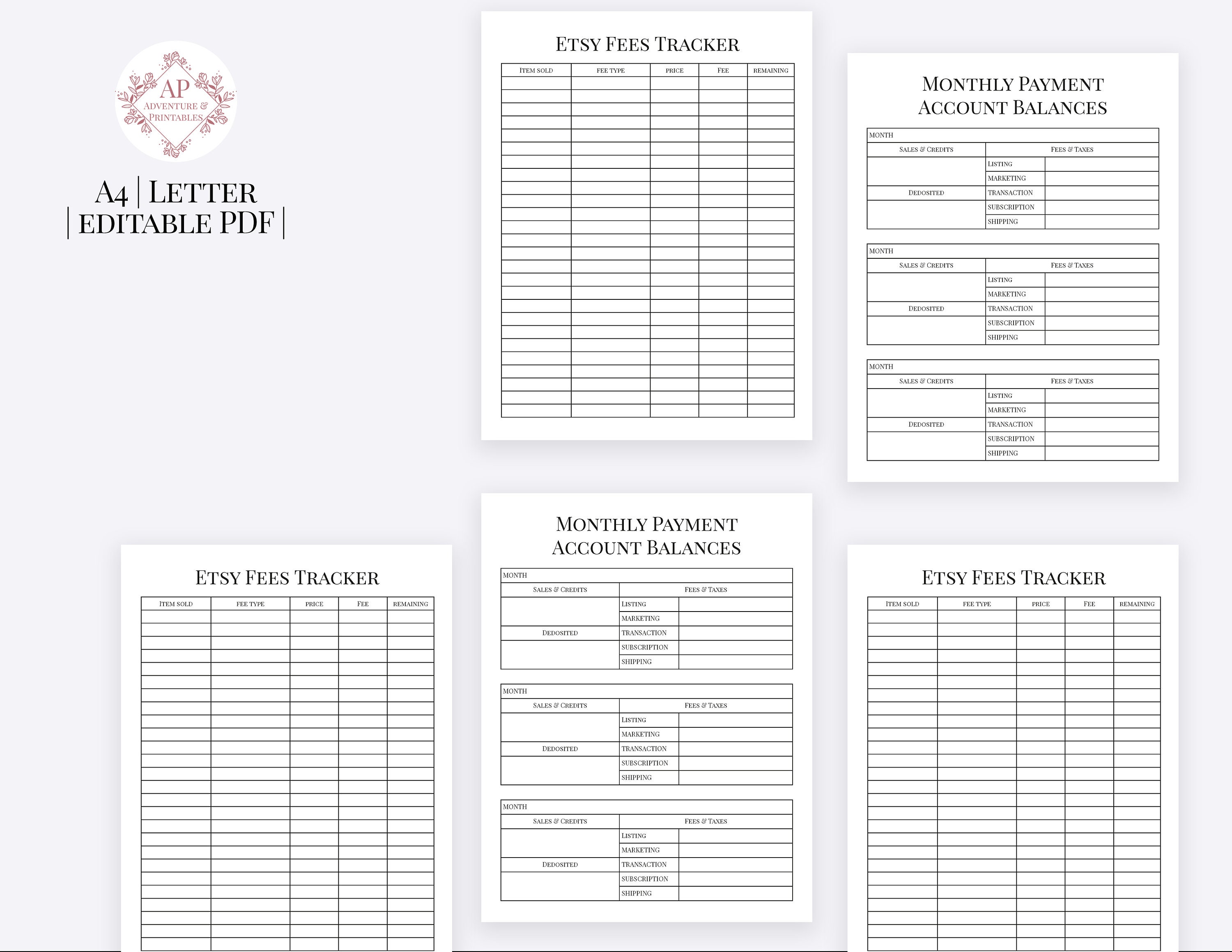 Etsy Fees Tracker and Payment Account Balance Tracker, Editable Etsy ...