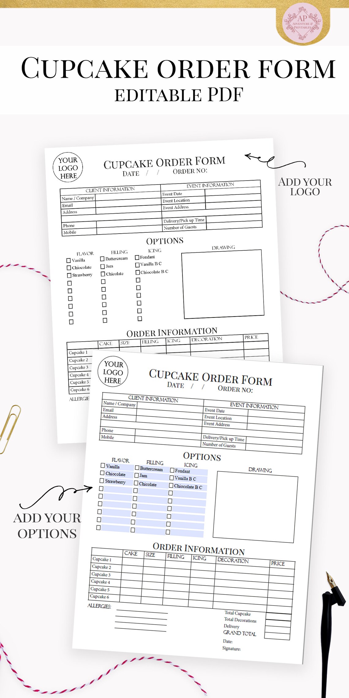 Custom Cupcake Order Form, Bakery Forms, Cupcake Order Form, Baking ...