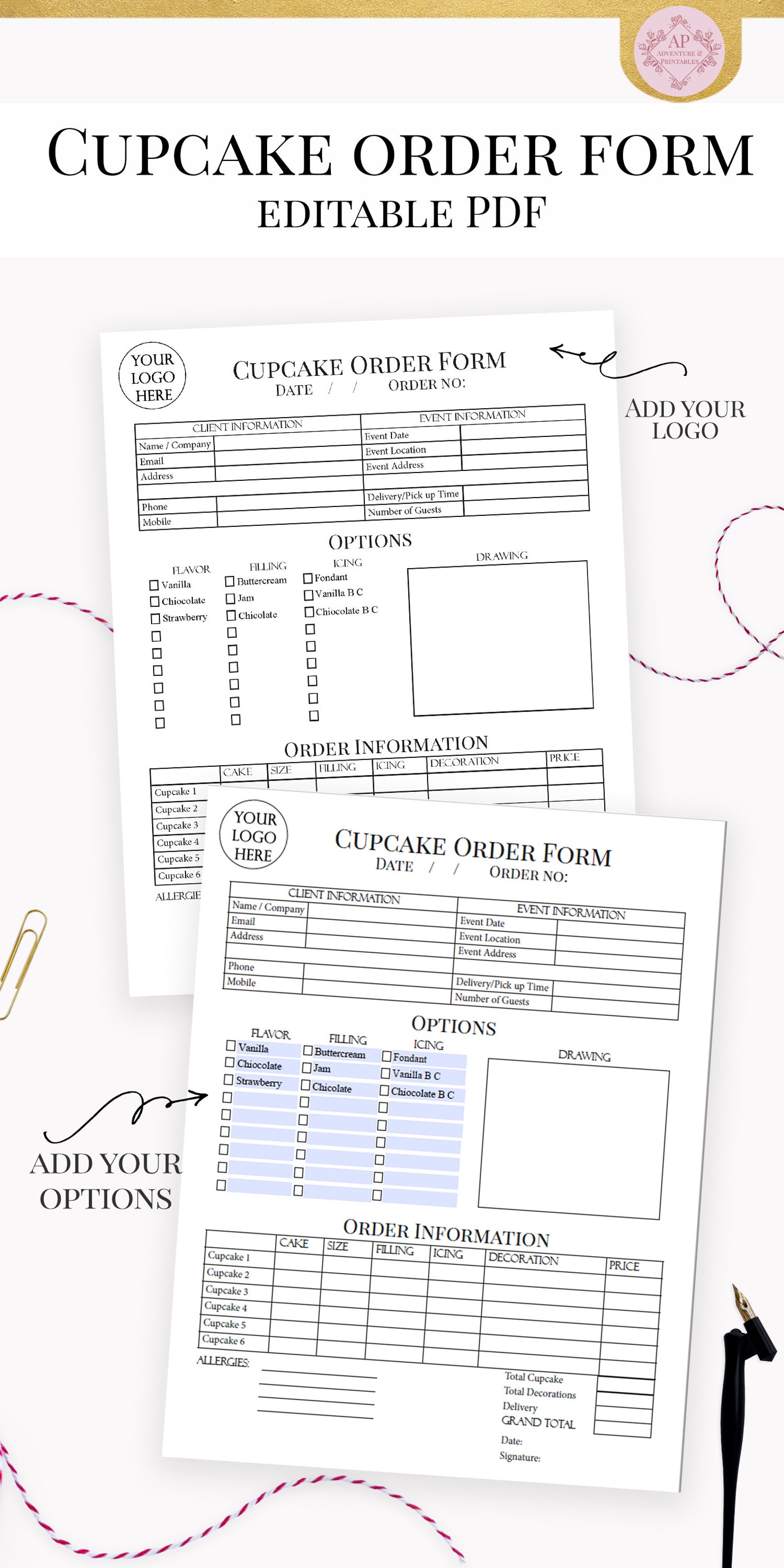 Custom Cupcake Order Form, Bakery Forms, Cupcake Order Form, Baking ...