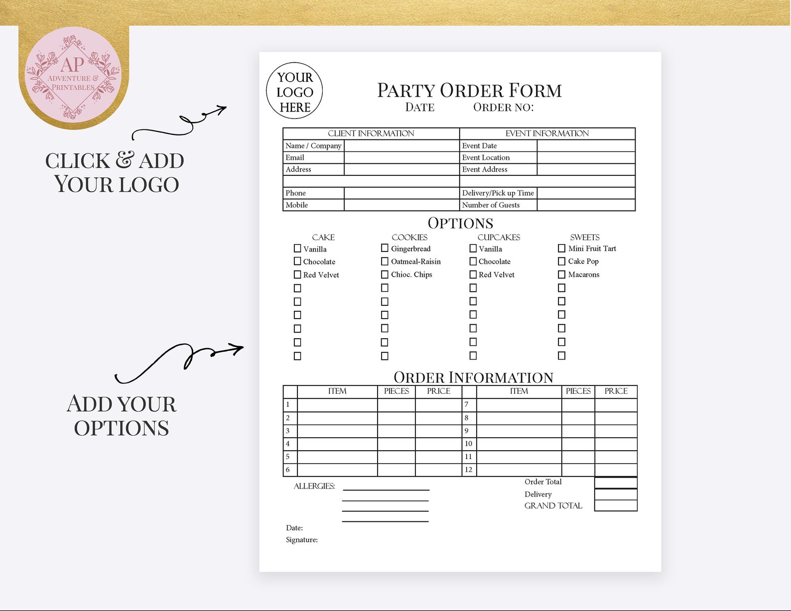 Party Cake and Sweets Order Form Editable Bakery Forms Cake - Etsy