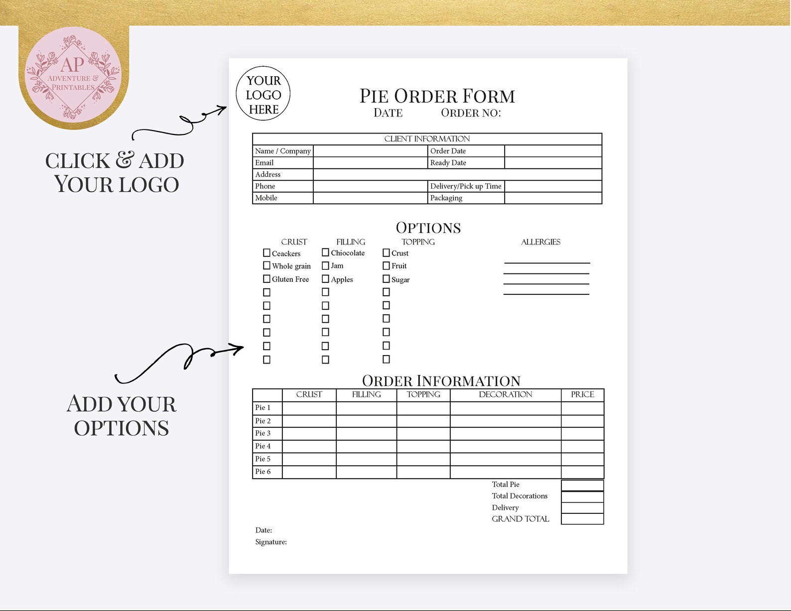 Pie Order Form, Editable Bakery Forms, Custom Pie Order Form, Pie ...