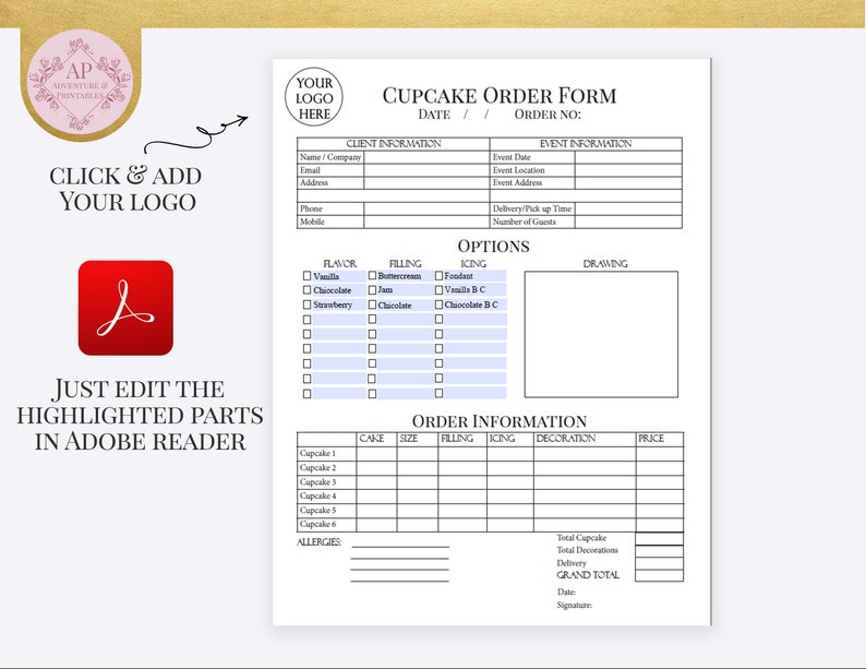 Custom Cupcake Order Form, Bakery Forms, Cupcake Order Form, Baking ...
