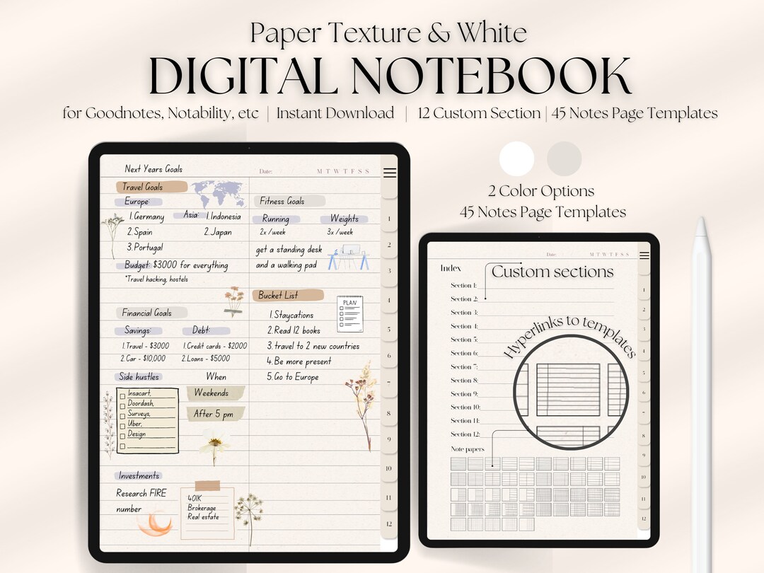 Digital Notebook With 12 Hyperlinked Tabs and 45 Note Templates for ...