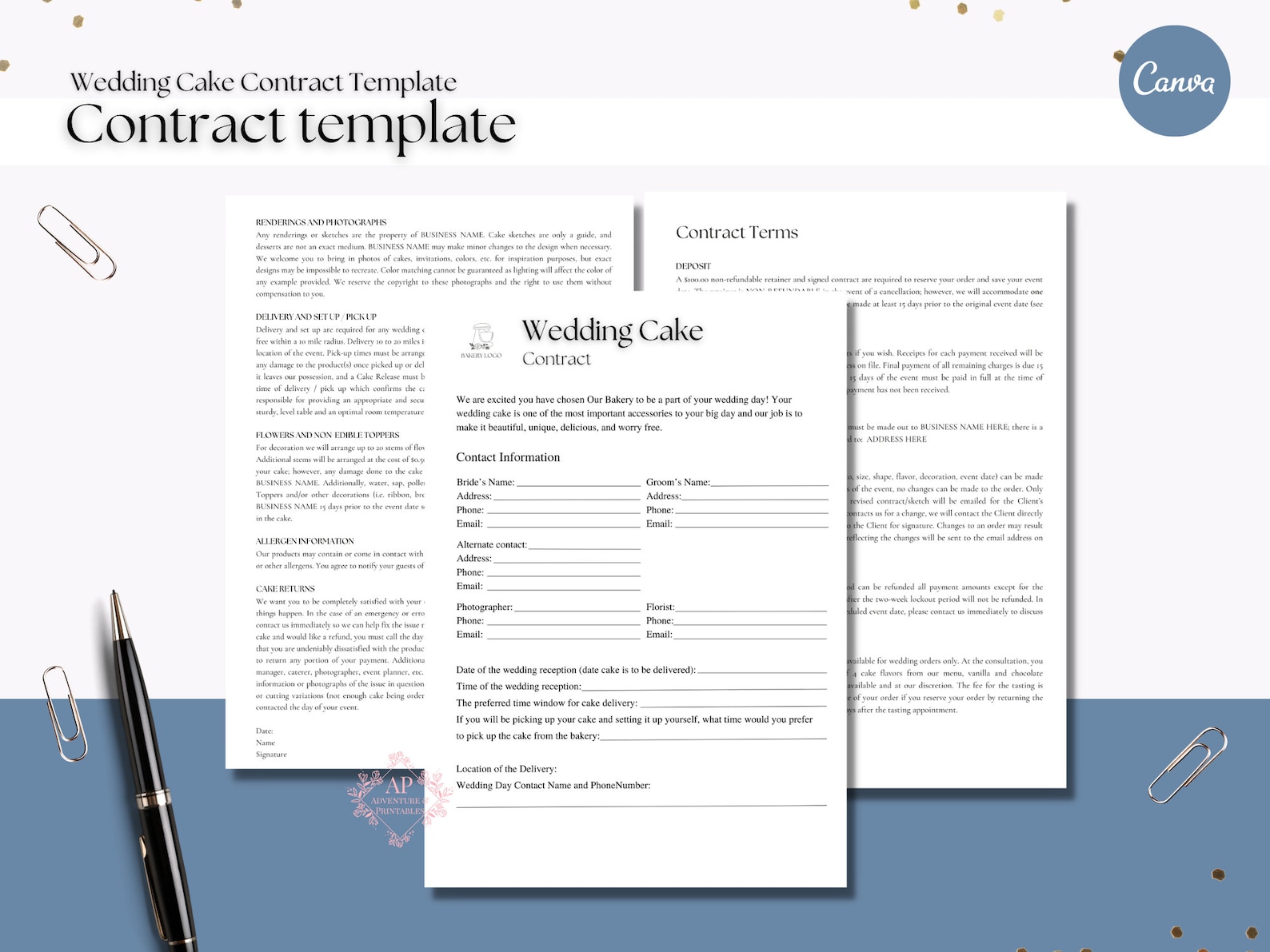 Editable Wedding Cake Contract Template, Custom Wedding Cake Order Form ...