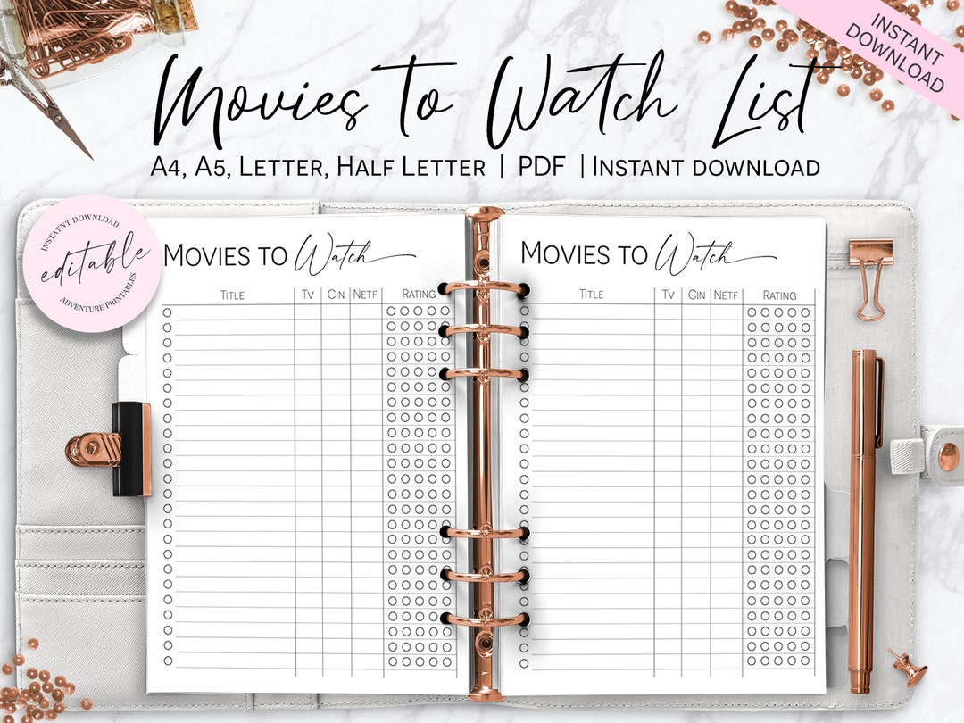 Movies to Watch List Printable Planner, Movies Tracker, Movie Planner ...