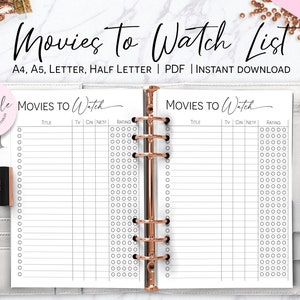 Movies to Watch List Printable Planner, Movies Tracker, Movie Planner ...