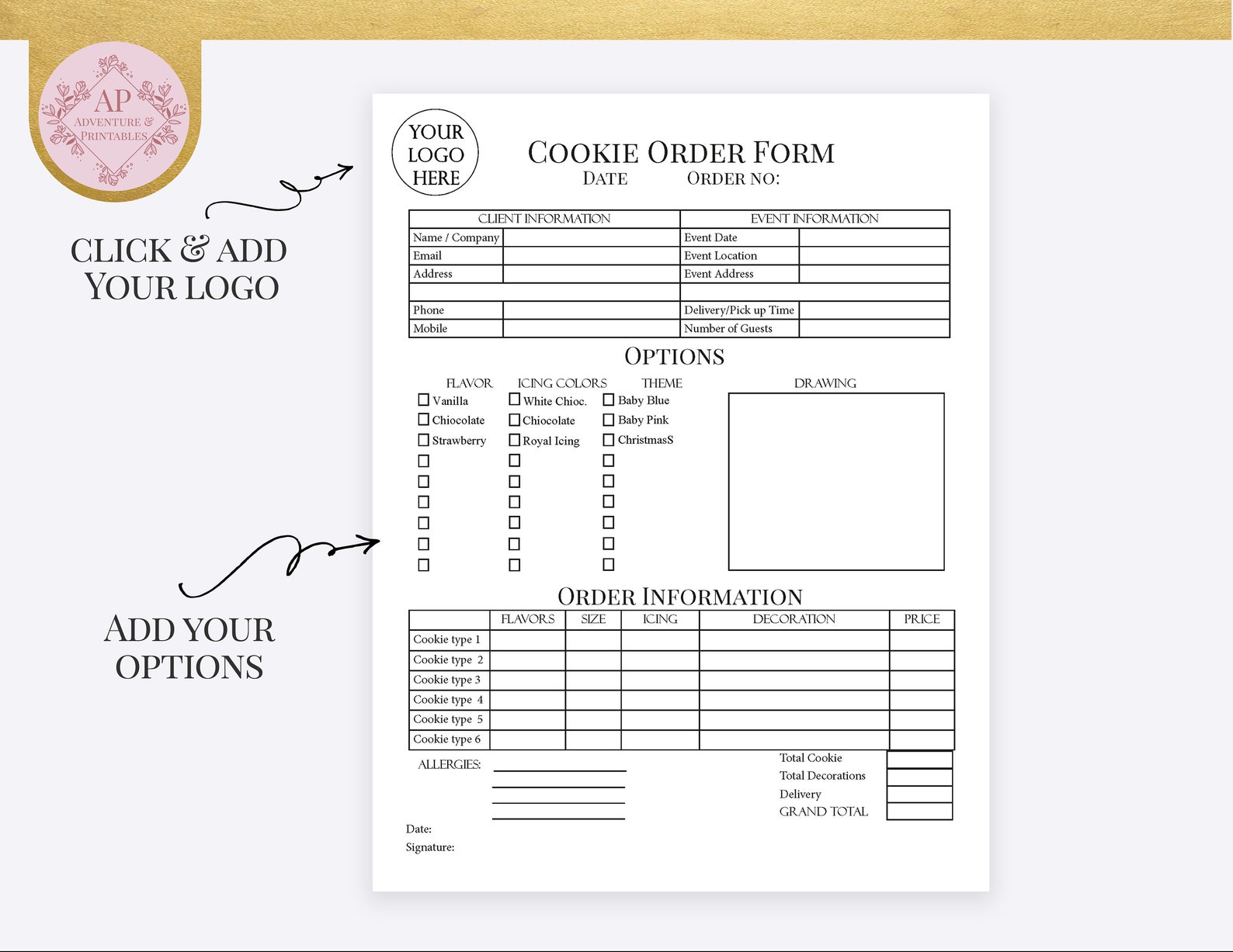 Custom Cookie Order Form, Bakery Forms, Cookie Order Form, Baking ...