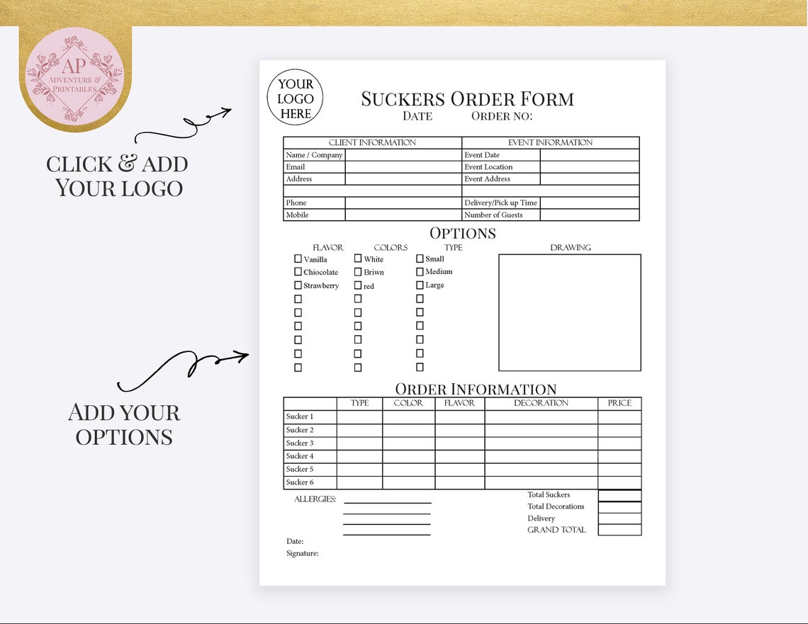 Candy Order Form, Editable Bakery Forms, Sucker Order Form, Baking ...