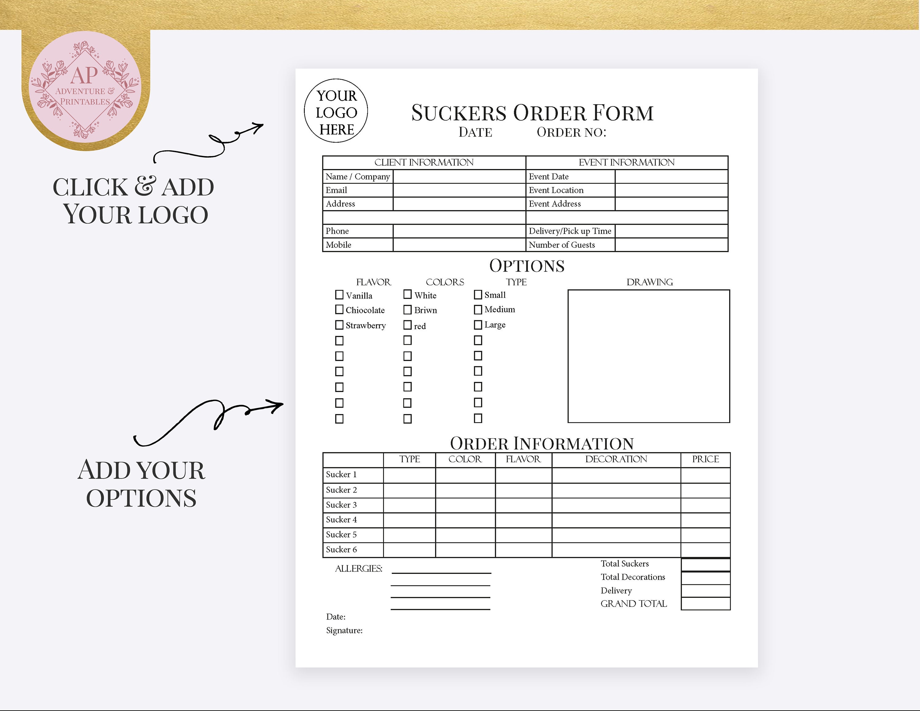 Candy Order Form, Editable Bakery Forms, Sucker Order Form, Baking ...