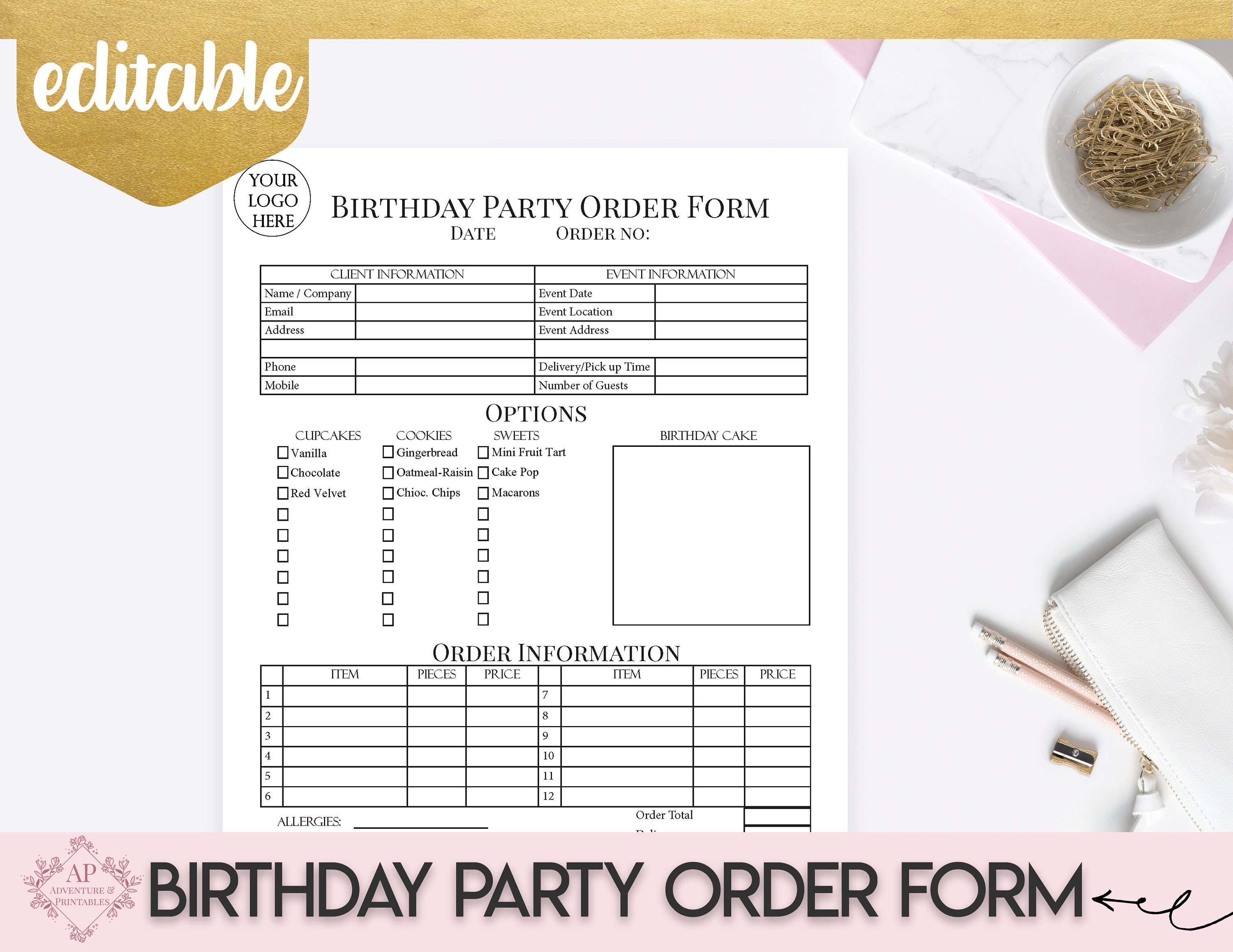 Birthday Party Sweets Order Form Editable Bakery Forms Cake | Etsy
