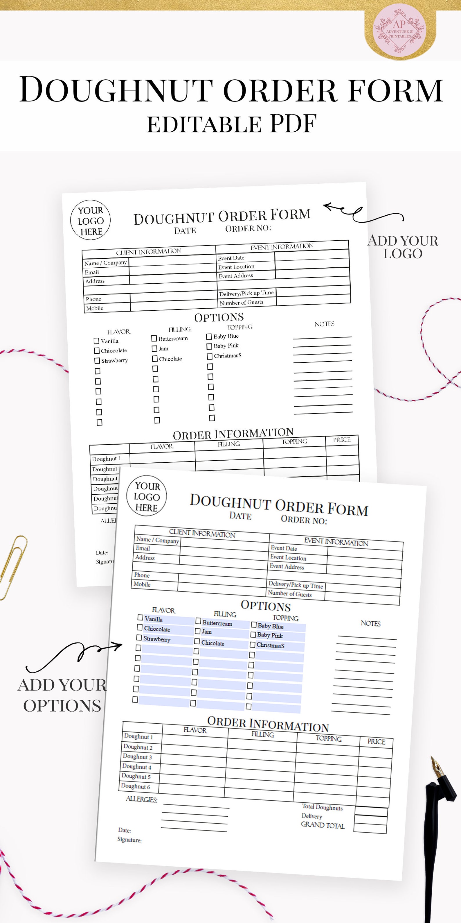 Doughnut Order Form,editable Doughnut Form, Bakery Forms, Baking ...