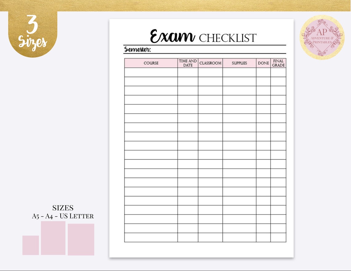 Exam Check List Student Exam Preparation List Semester Exams | Etsy