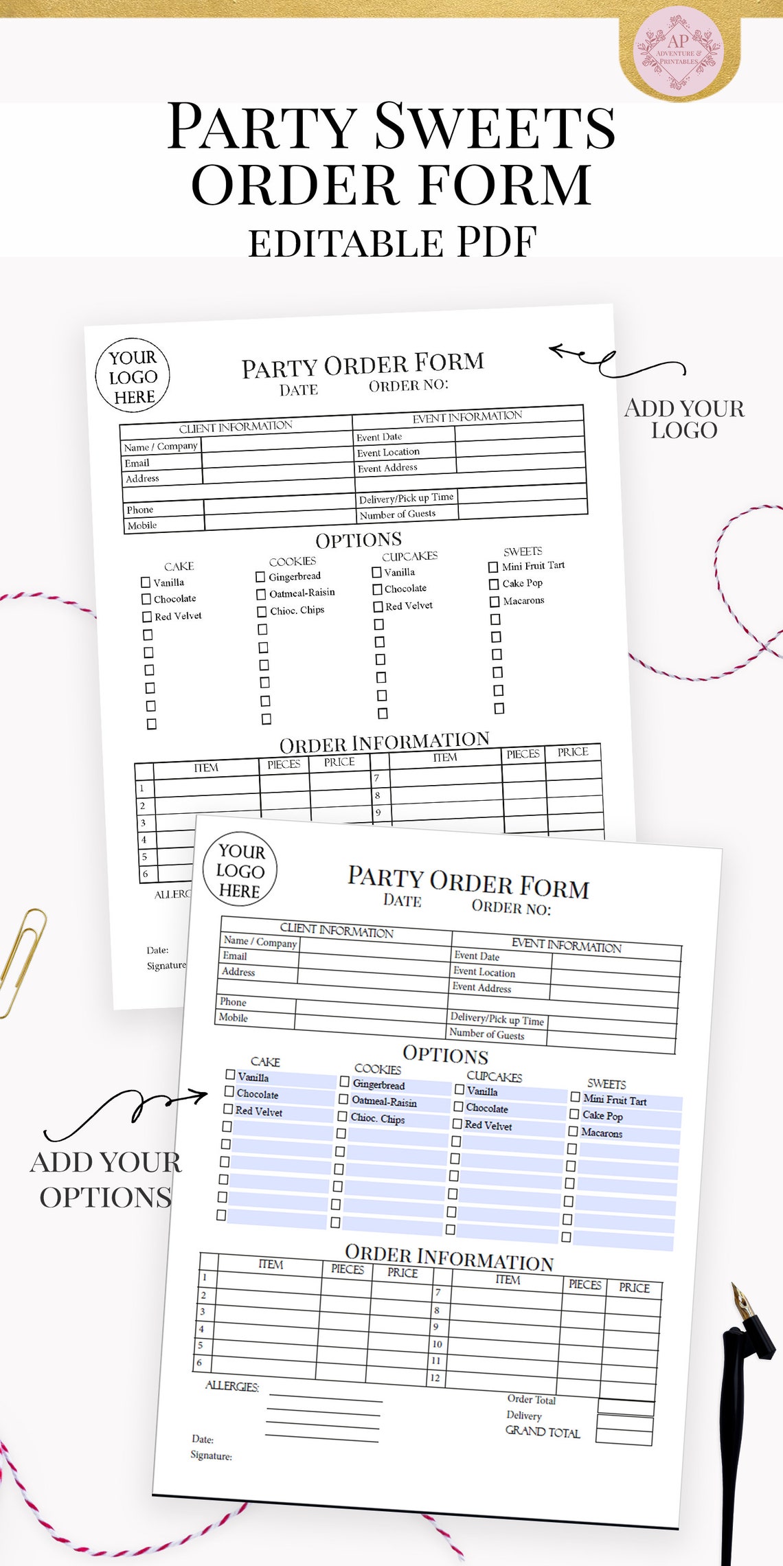 Party Cake and Sweets Order Form Editable Bakery Forms Cake - Etsy