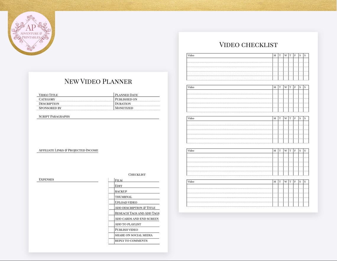Youtube Video Checklist, Youtube Video Planner, Video Ideas List - Etsy