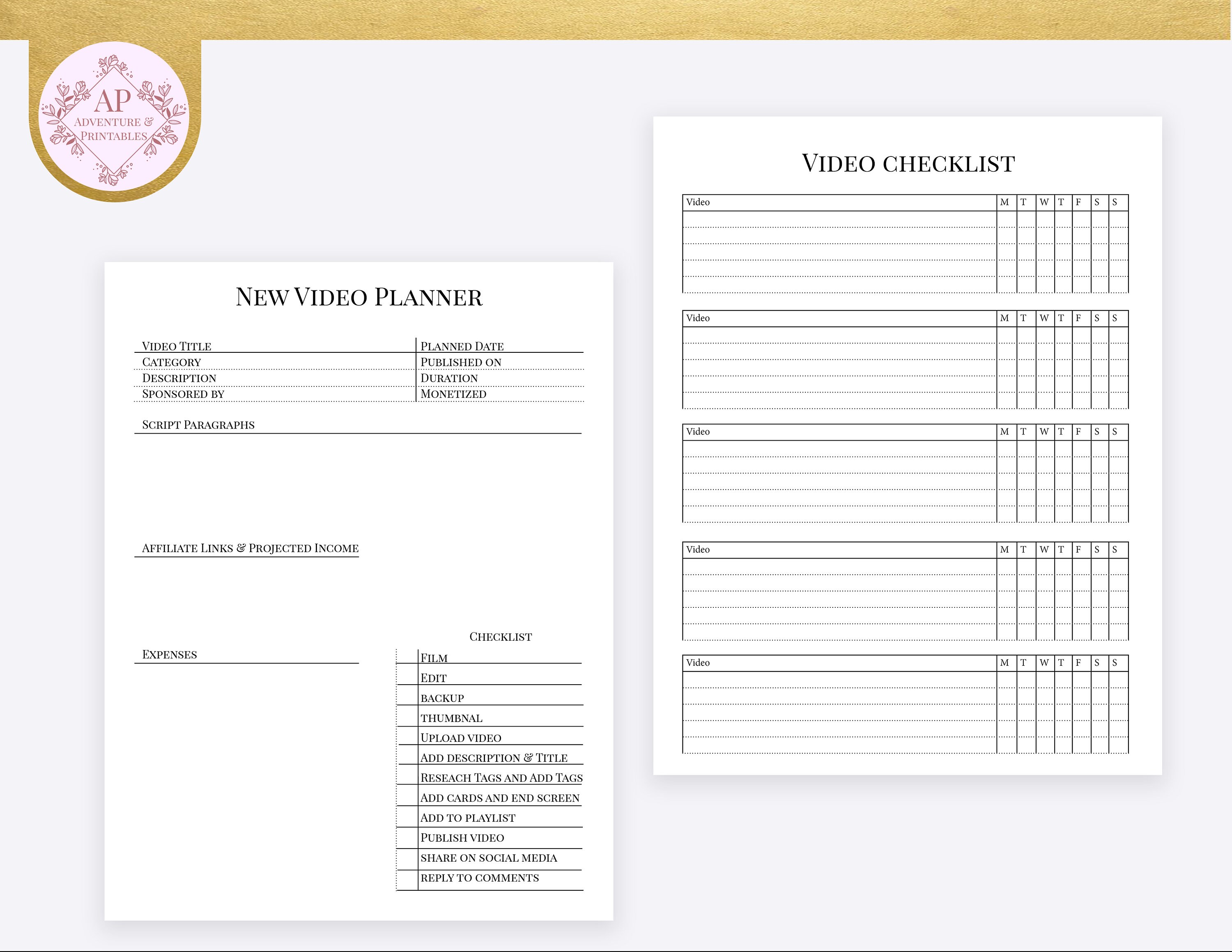 Youtube Video Checklist, Youtube Video Planner, Video Ideas List - Etsy
