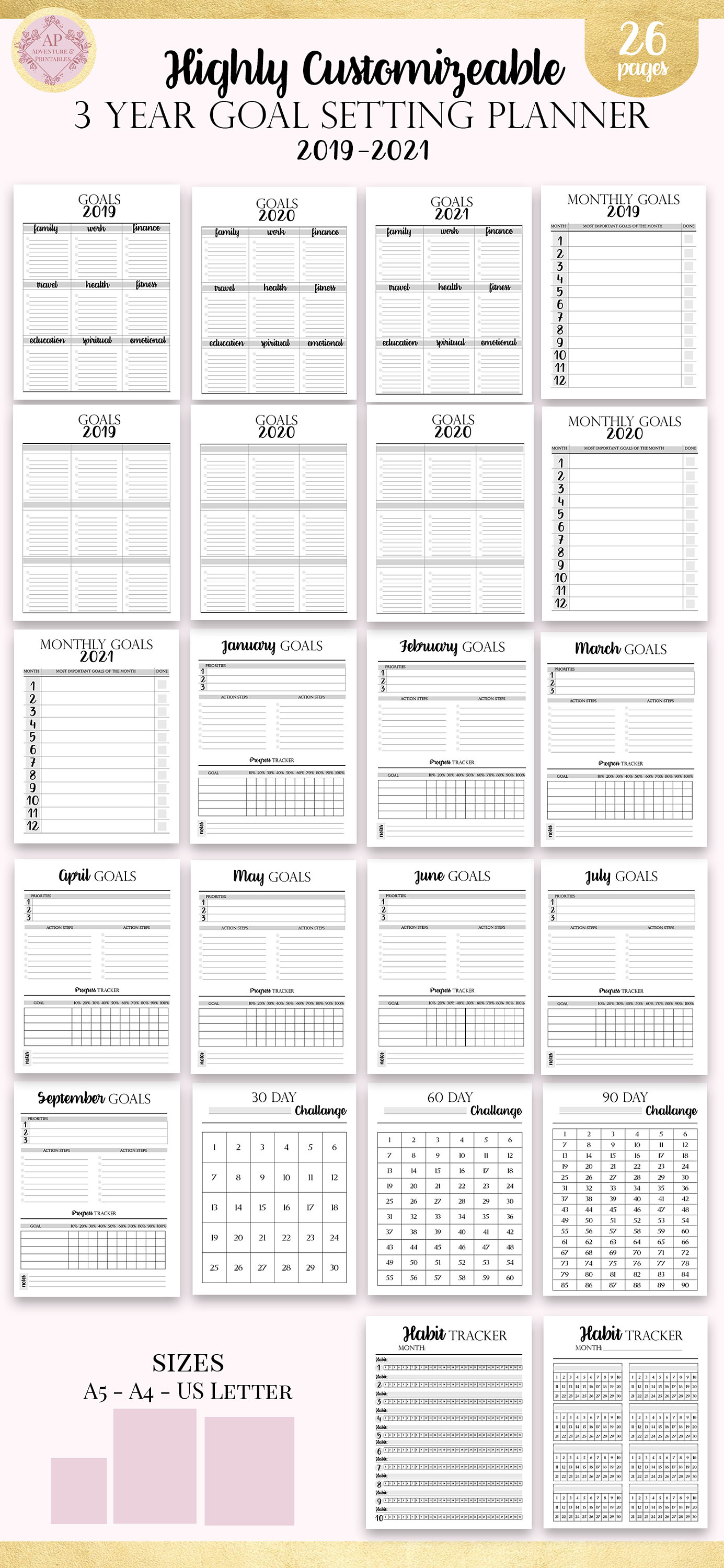 Goal Planner for 2019-2020-2021 Bundle, Goal Setting, Goal Tracker ...