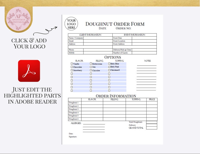 Doughnut Order Form,editable Doughnut Form, Bakery Forms, Baking ...