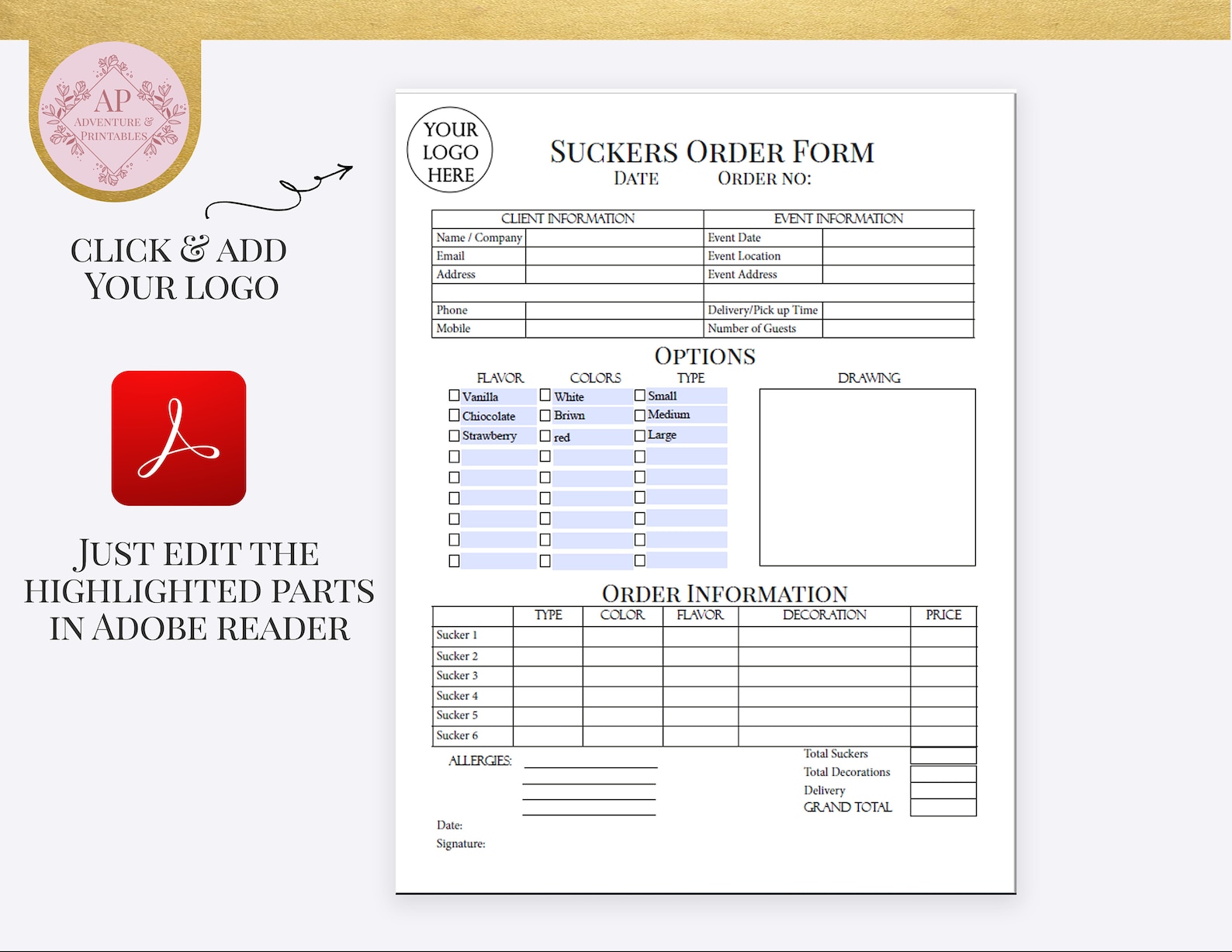 Candy Order Form Editable Bakery Forms Sucker Order Form | Etsy