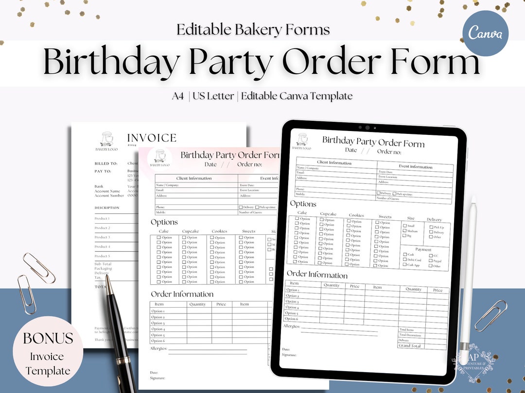 Birthday Party Sweets Order Form, Editable Bakery Forms, Cake Order ...