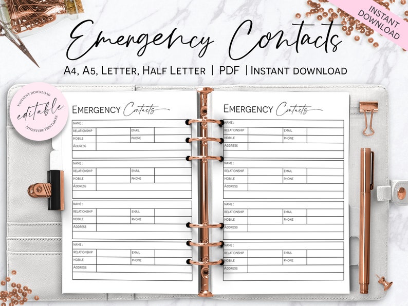 Emergency Contacts List, Printable Emergency Contacts List, Printable ...