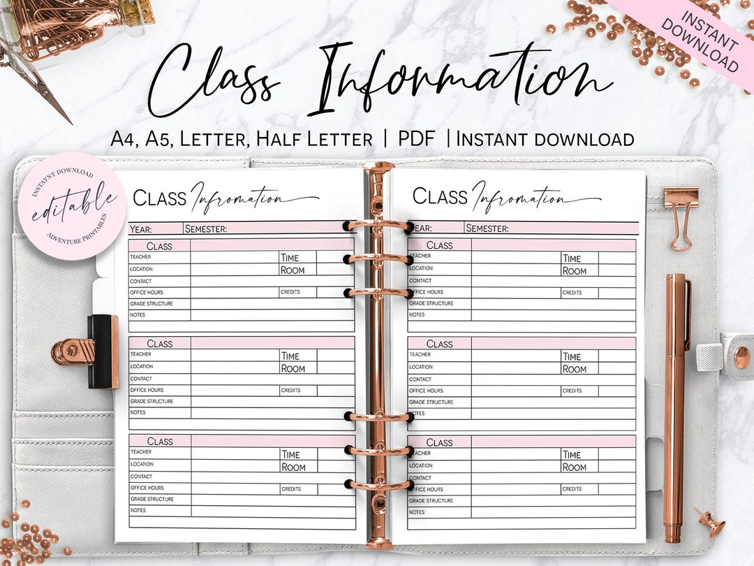Class Information Sheet, Semester Information, Collage Classes List - Etsy