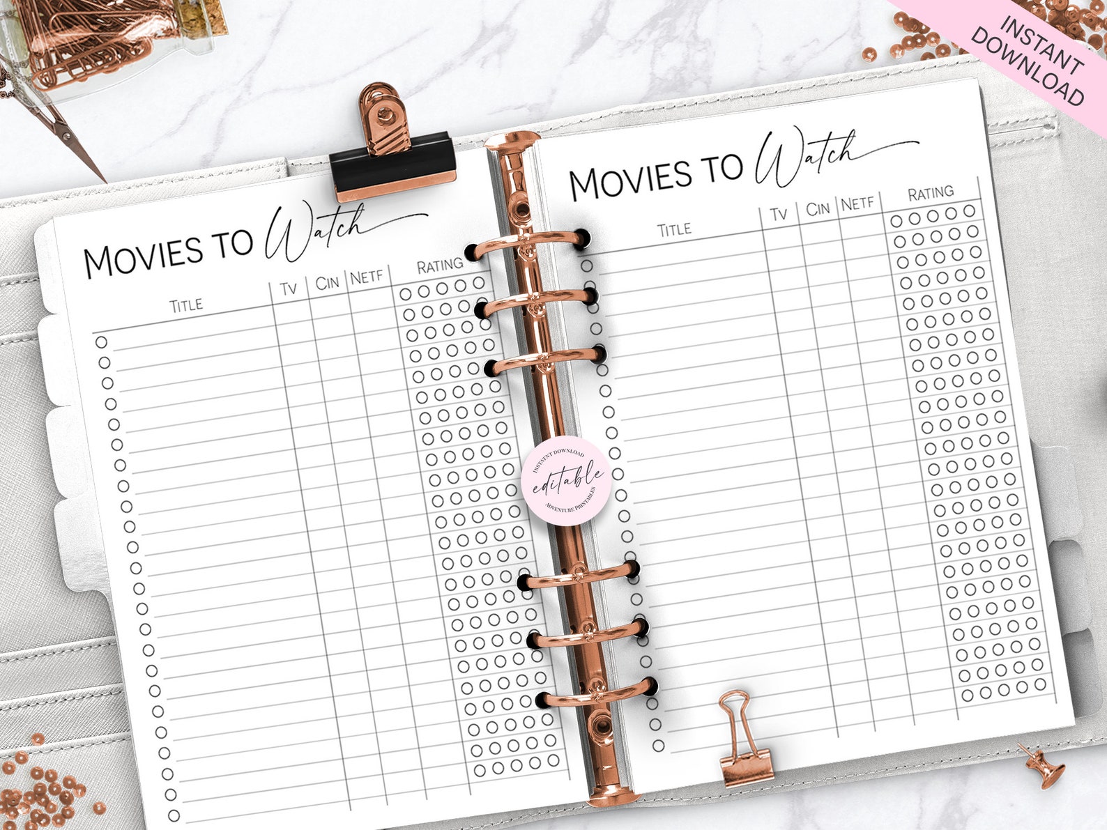 Movies to Watch List Printable Planner, Movies Tracker, Movie Planner ...