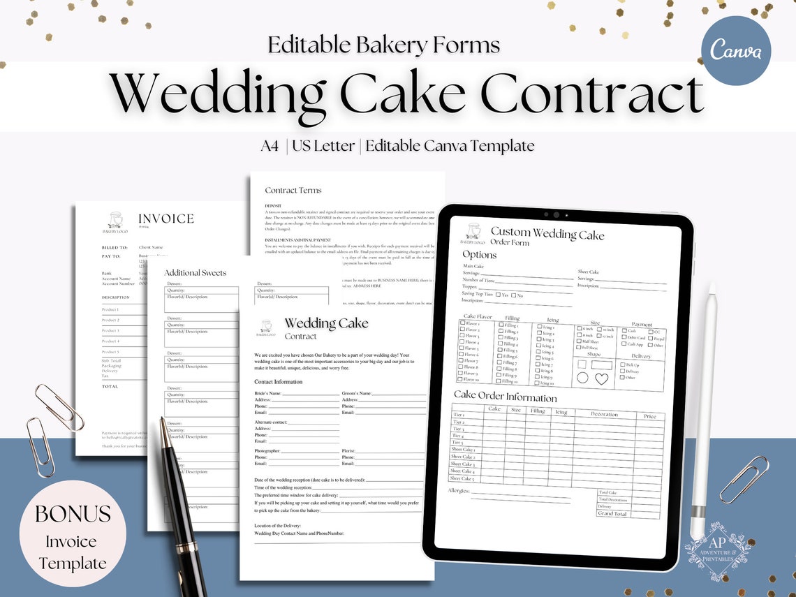 Editable Wedding Cake Contract Template, Custom Wedding Cake Order Form ...