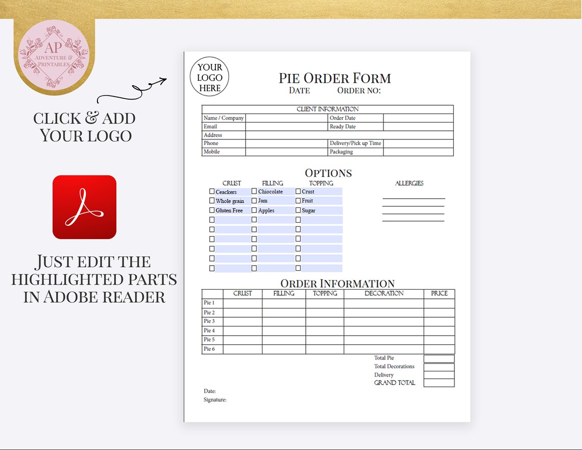 Pie Order Form, Editable Bakery Forms, Custom Pie Order Form, Pie ...