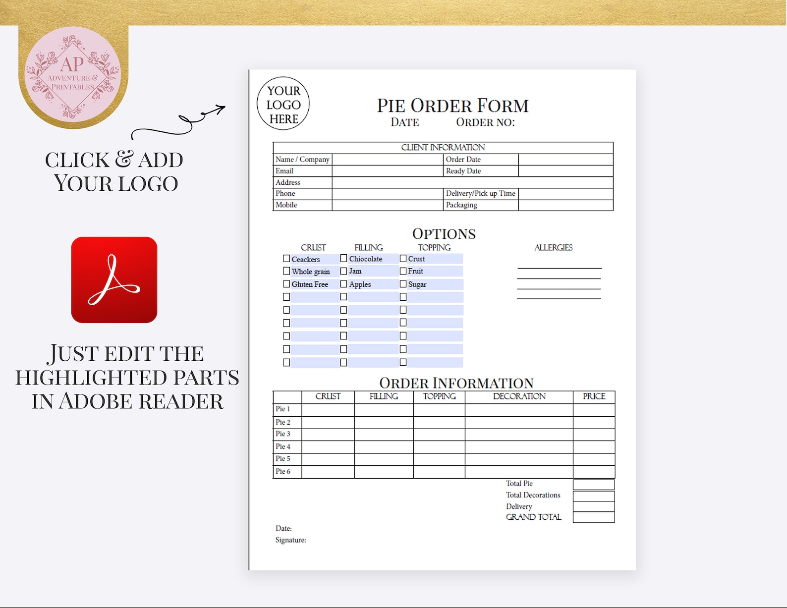 Pie Order Form, Editable Bakery Forms, Custom Pie Order Form, Pie ...