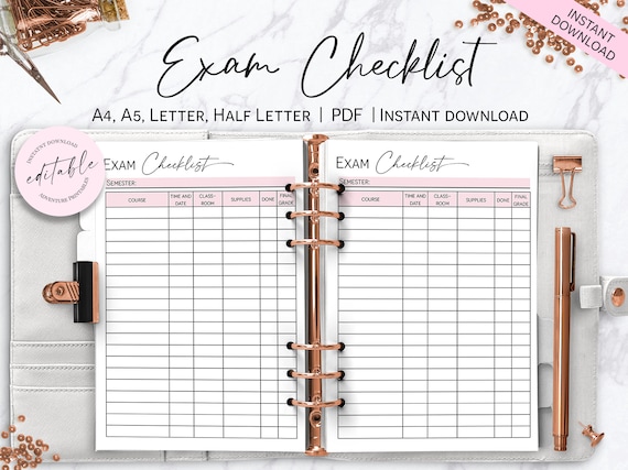 Exam Check List Student Exam Preparation List Semester Exams | Etsy