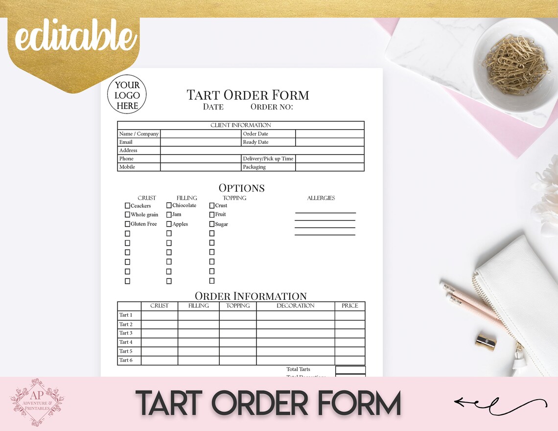 Tart Order Form, Editable Bakery Forms, Custom Tart Order Form, Baking ...