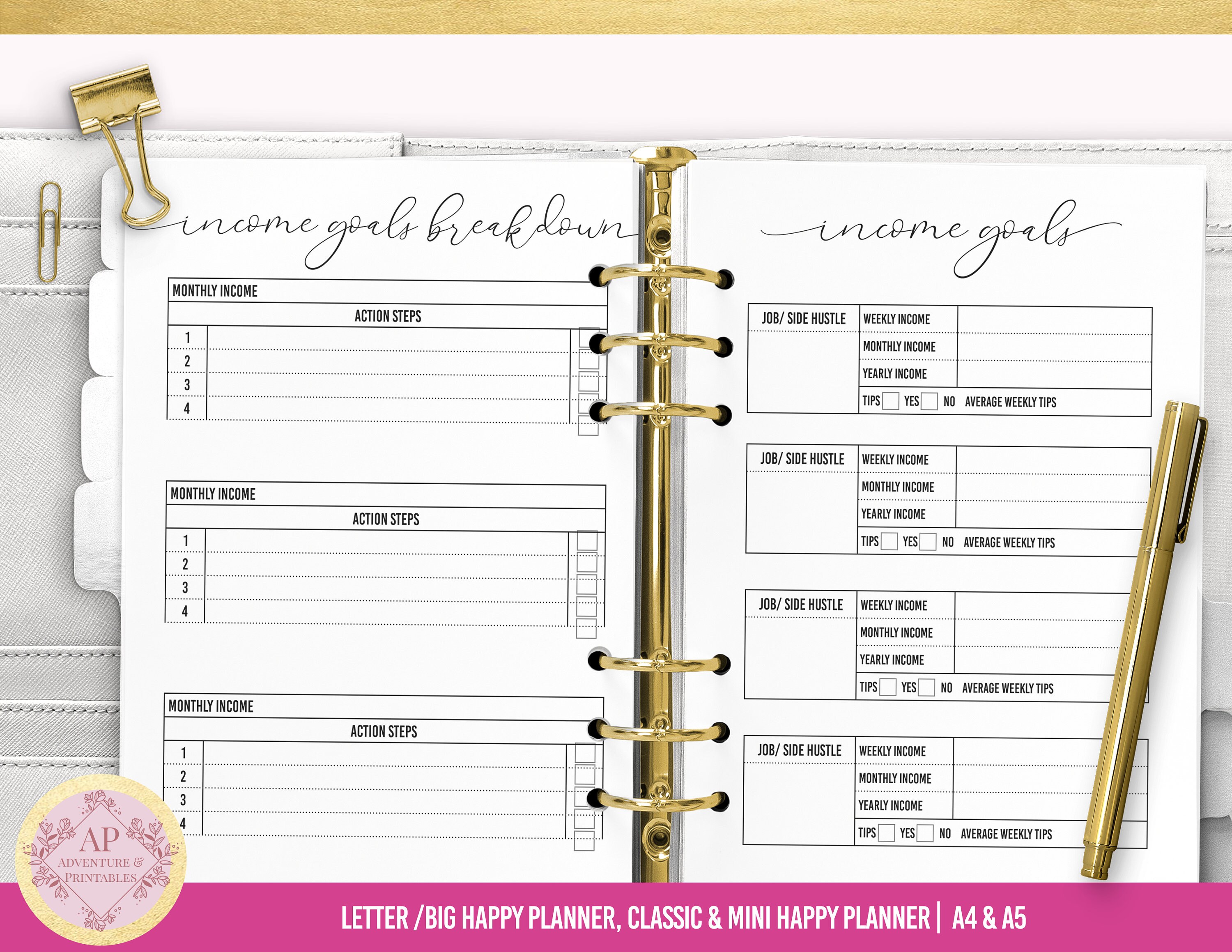 Income Goals Tracker, Yearly Income Planner Insert, Income Goals ...