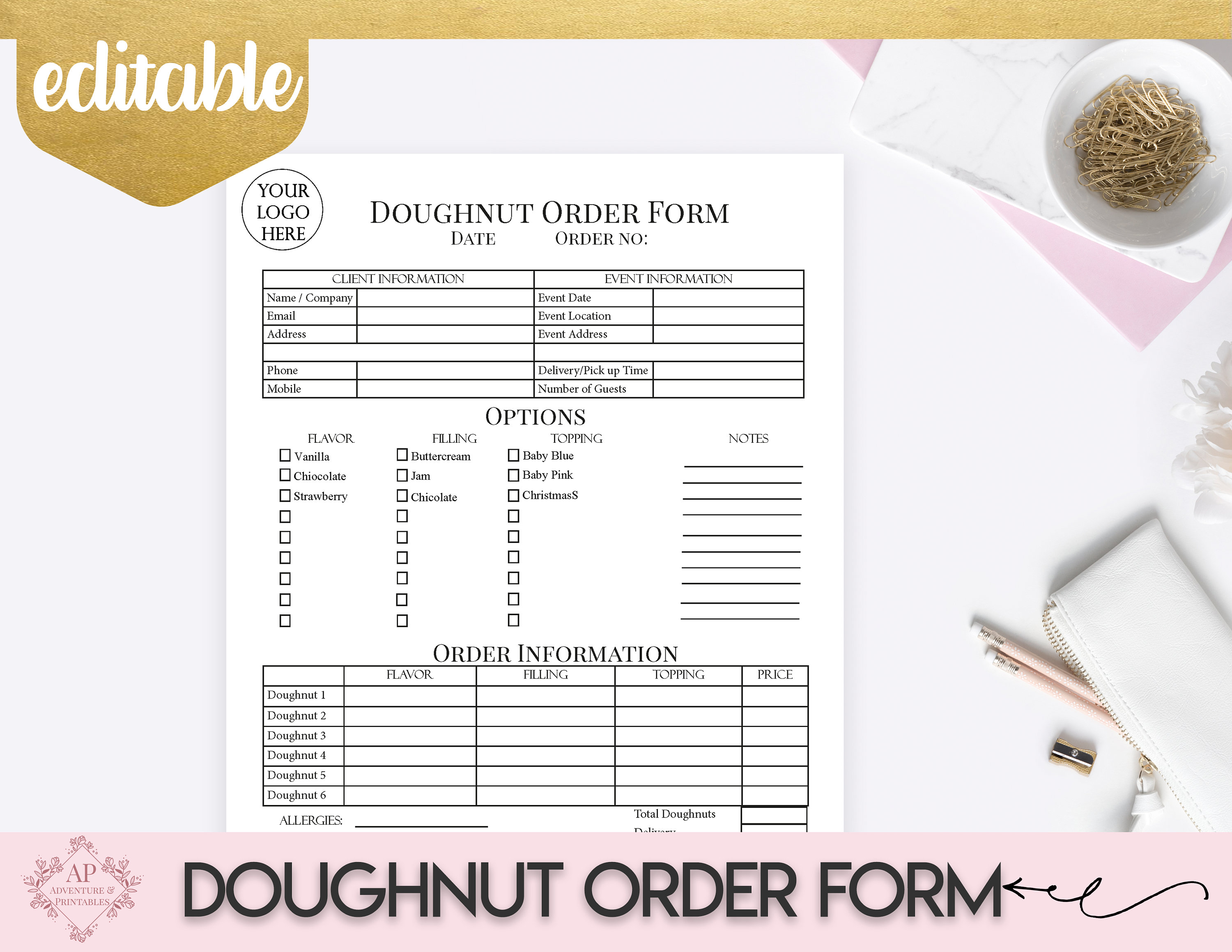 Doughnut Order Form,editable Doughnut Form, Bakery Forms, Baking ...