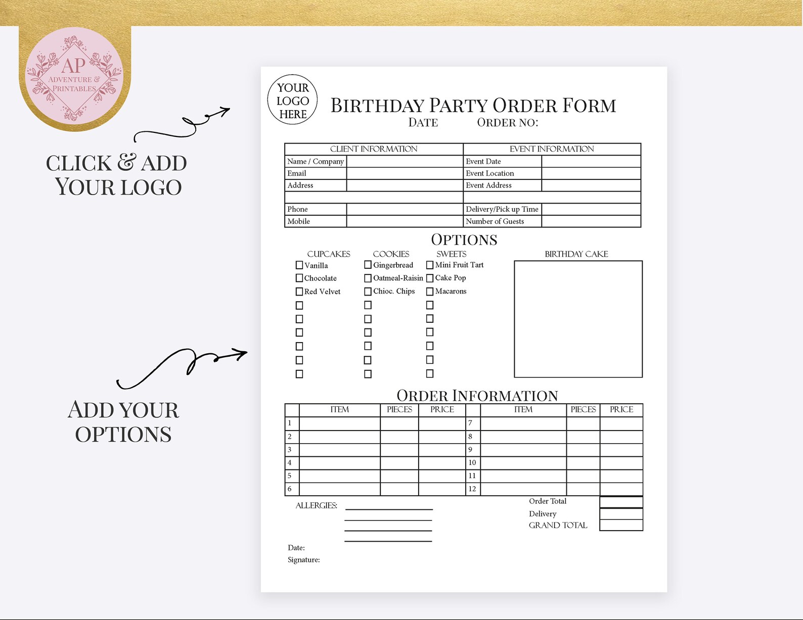 Birthday Party Sweets Order Form Editable Bakery Forms Cake | Etsy