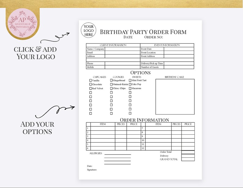Birthday Party Sweets Order Form Editable Bakery Forms Cake - Etsy