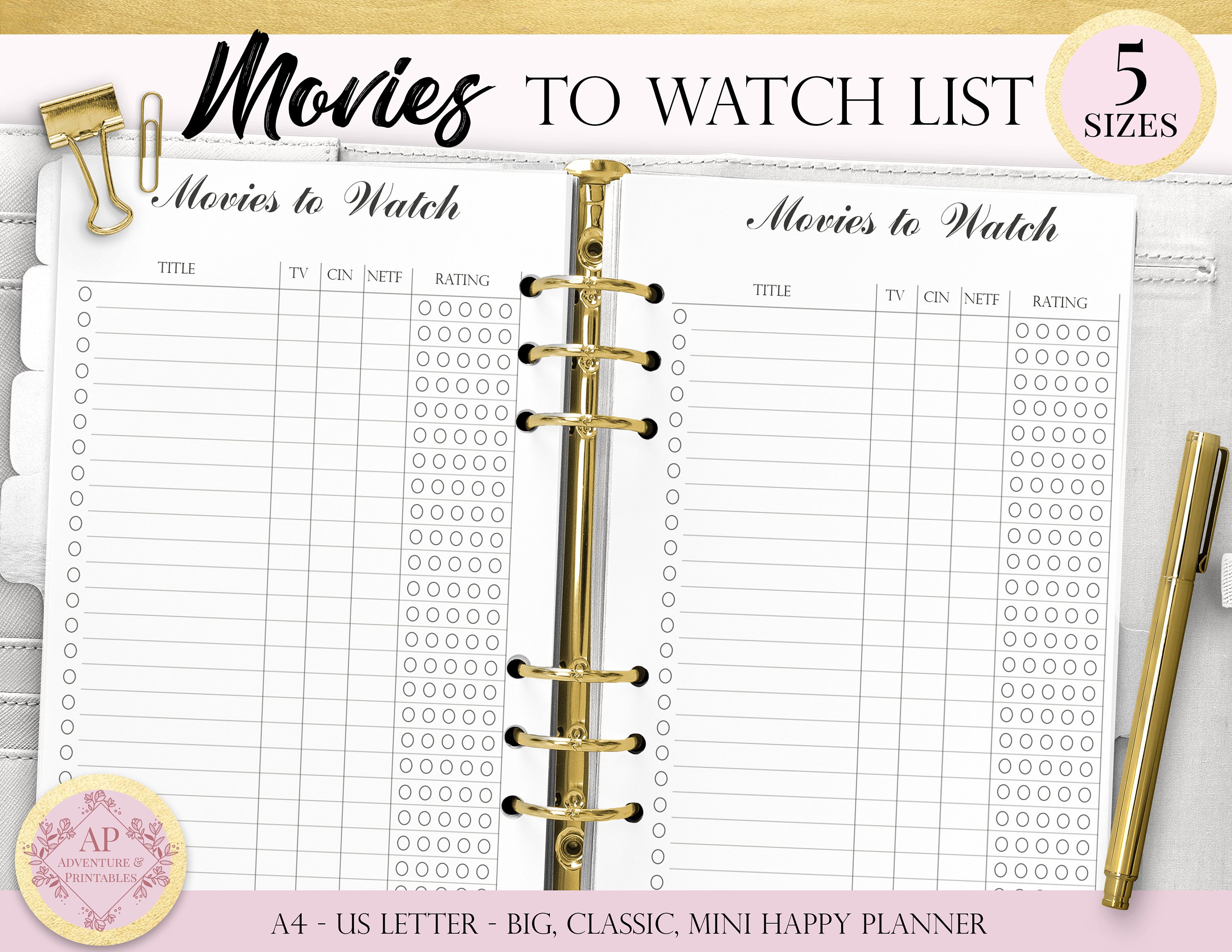 Movies To Watch List Printable Planner Movies Tracker Movie | Etsy