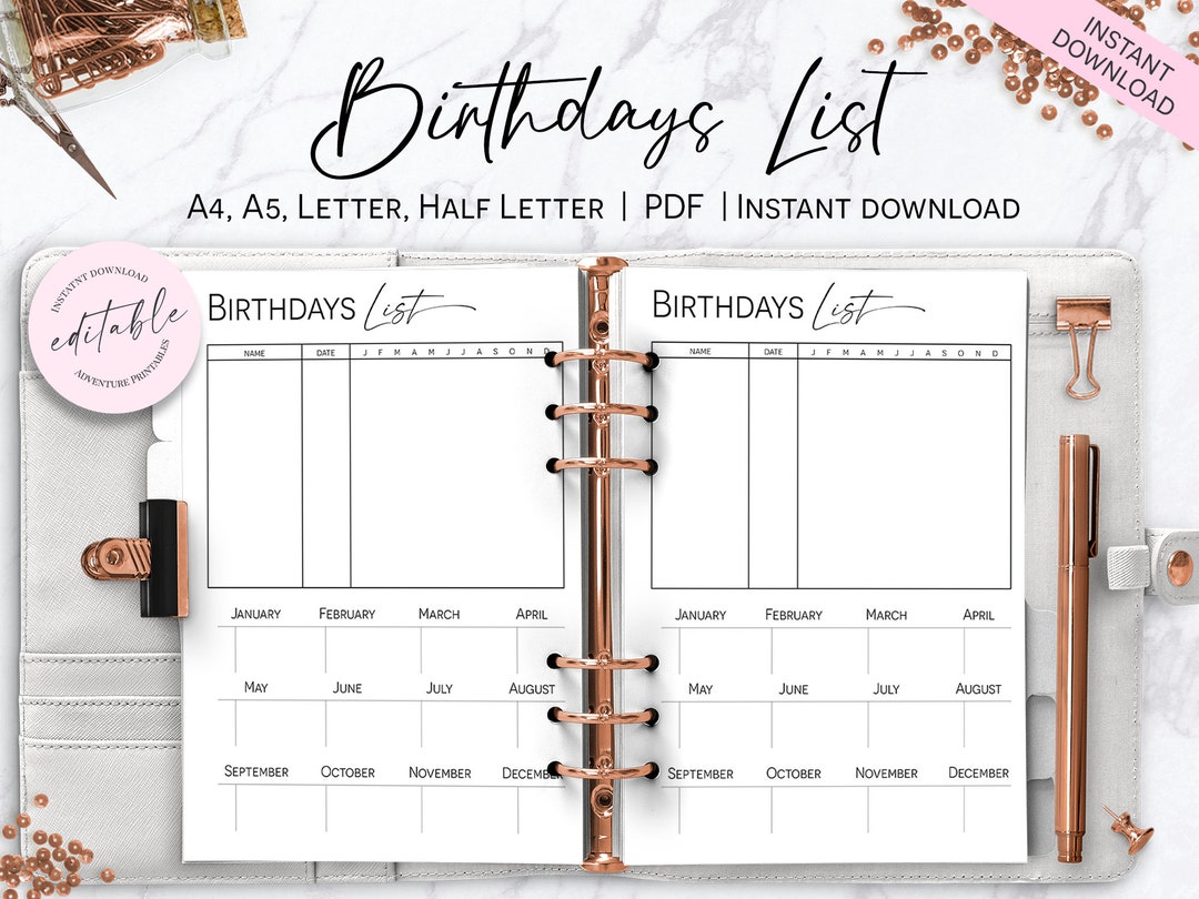 Birthdays List Printable, Family Birthdays Tracker, Birthdays Planner ...