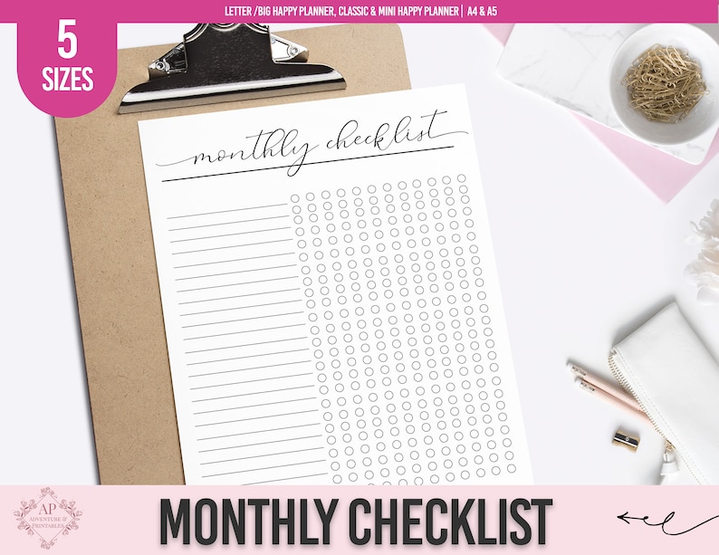 Monthly Checklist Printable Planner Insert, Yearly Tracker, Monthly ...