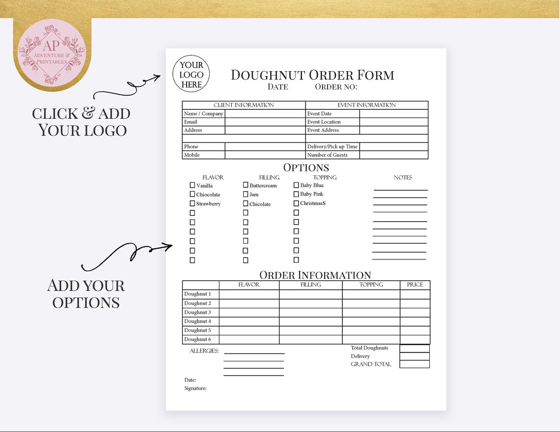 Doughnut Order Form,editable Doughnut Form, Bakery Forms, Baking ...